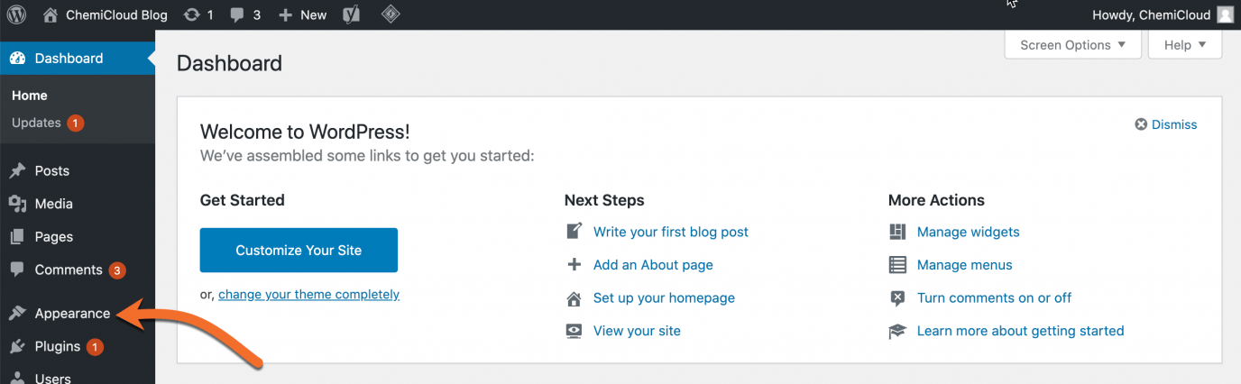 WordPress Dashboard > Appearance – ChemiCloud Blog