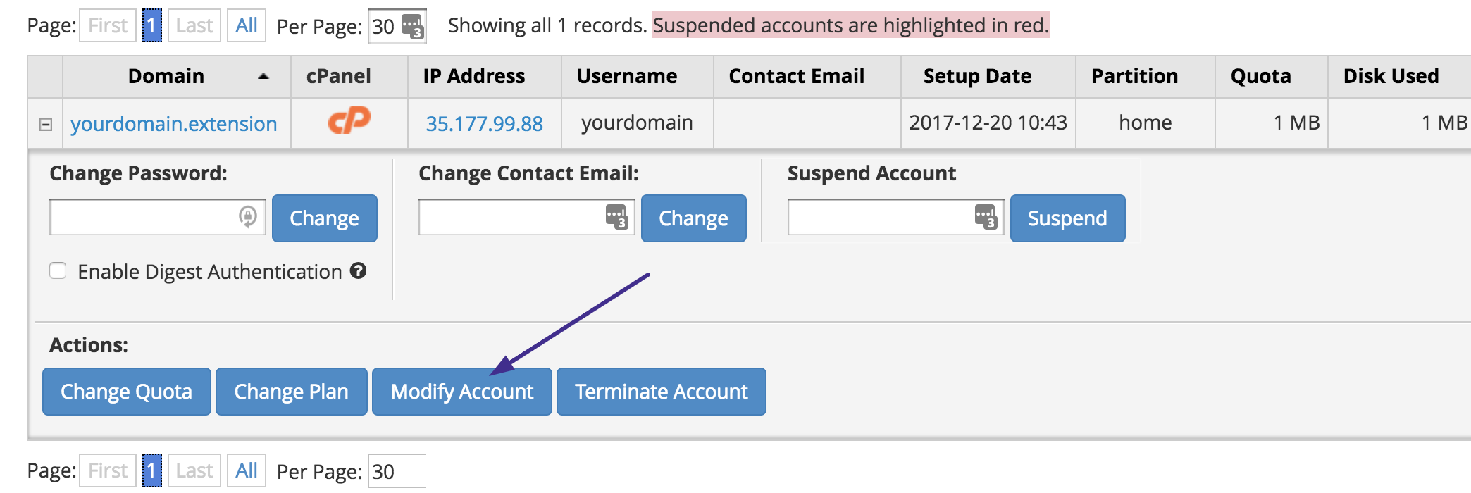How to change an account’s contact e-mail address in WHM