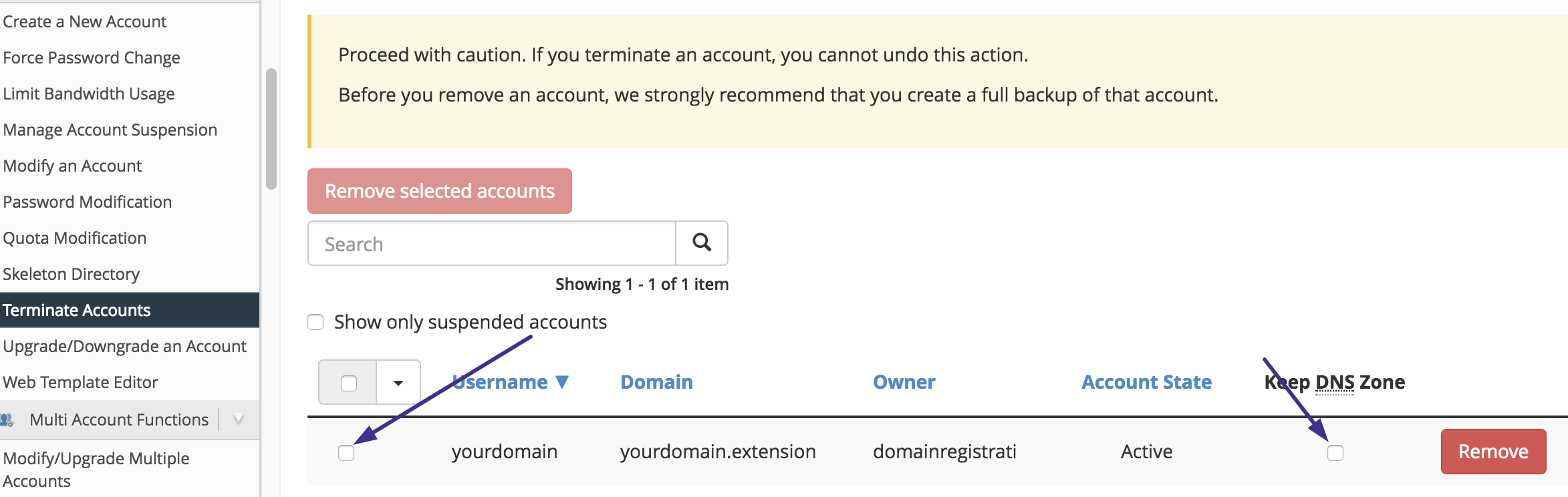 How to Terminate and Permanently Delete an Account in WHM