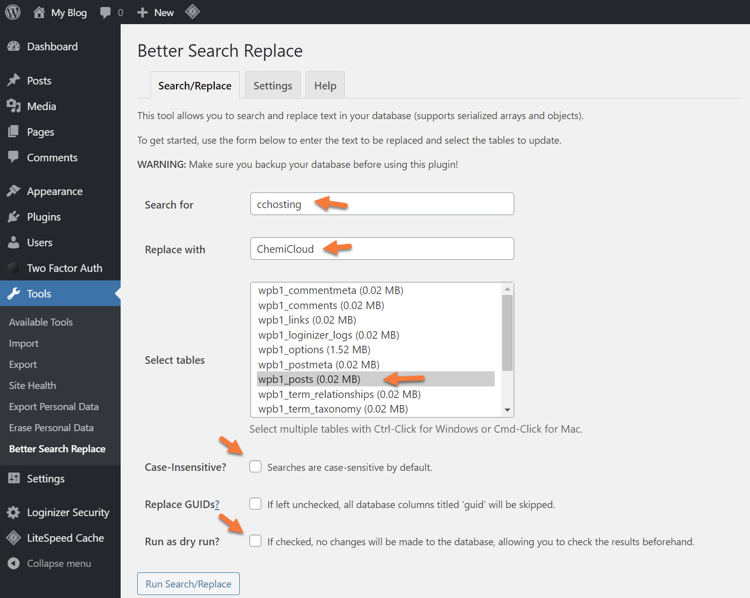Search and replace wordpress store