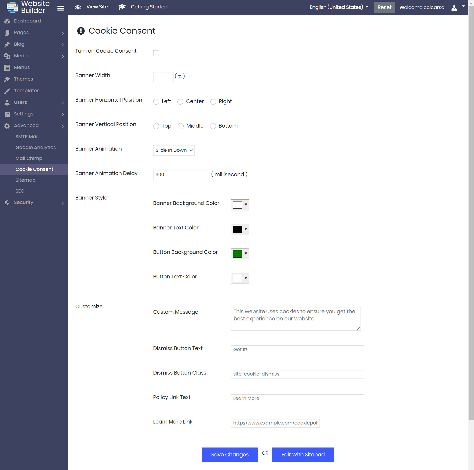 How to Enable the Cookie Consent in the Website Builder