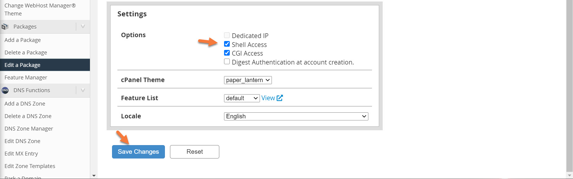 How to Edit a WHM Package and Enable Shell Access